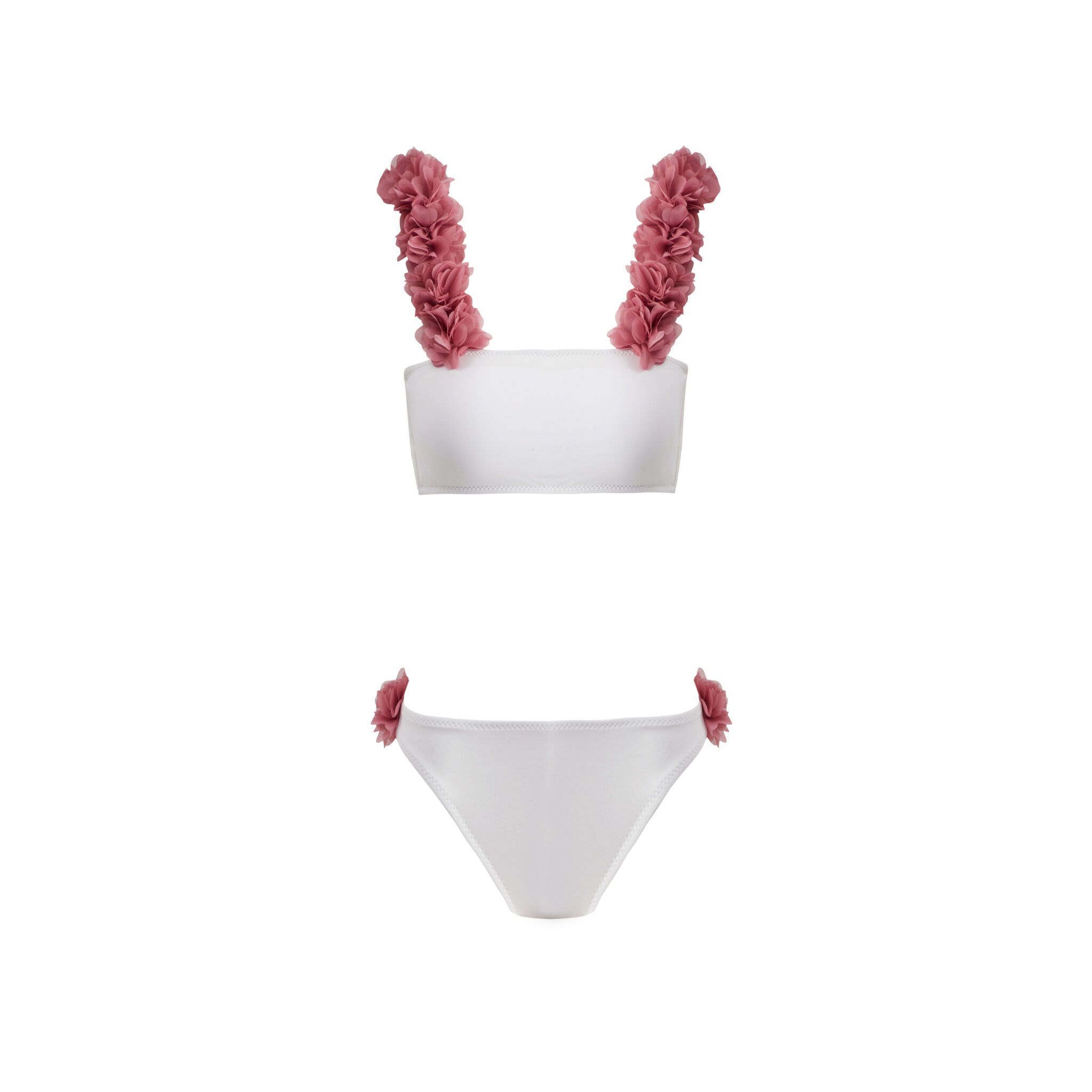 Lovekini Rosa White Kids Bikini With Pink Chiffon Flowers Straps Lovekini Rosa White Kids Bikini With Pink Chiffon Flowers Straps