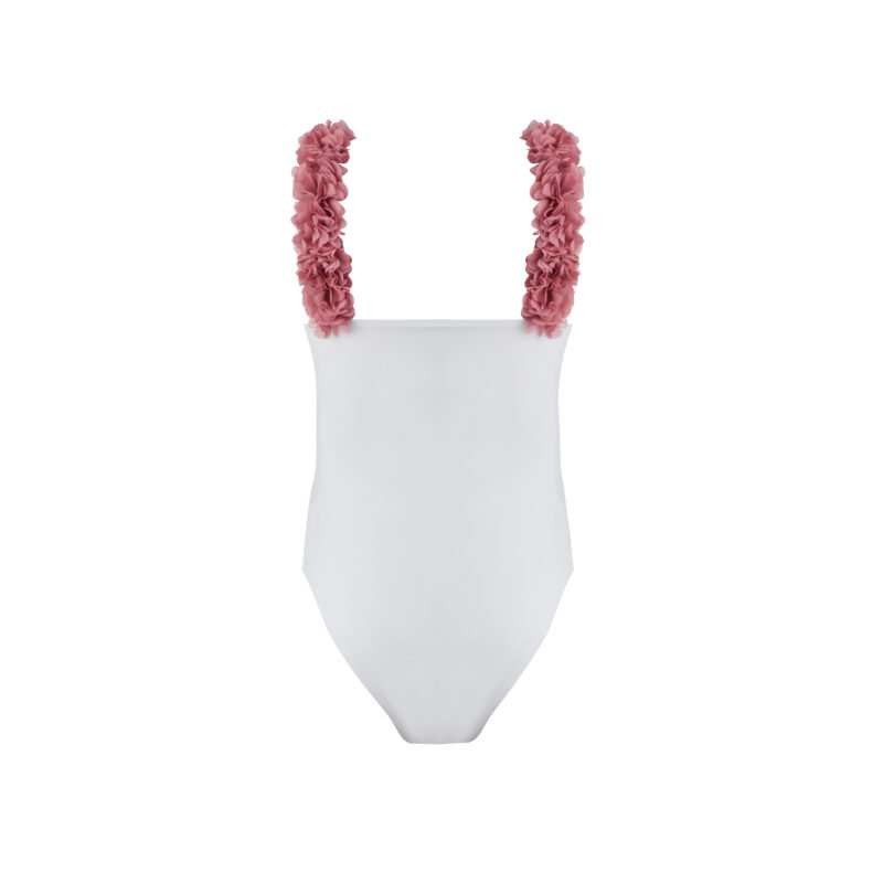 Lovekini Rosa White Kids Swimsuit With Pink Chiffon Flowers Straps Lovekini Rosa White Kids Swimsuit With Pink Chiffon Flowers Straps